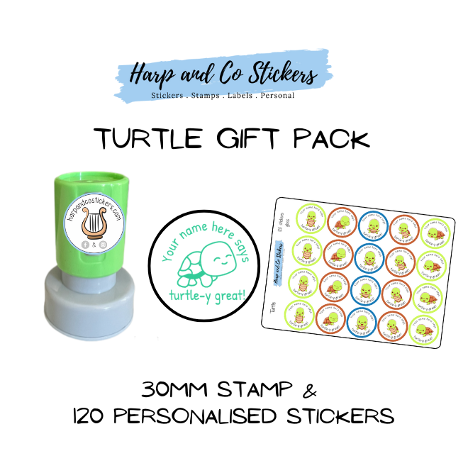 Gift Pack 30mm Stamp + 120 Stickers - Turtle — Harp & Co Stickers
